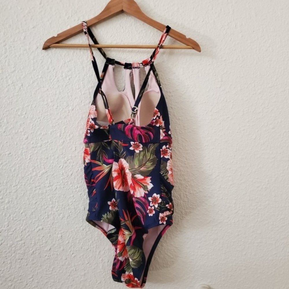 Kona Sol Navy Floral Keyhole Strap One Piece Gem